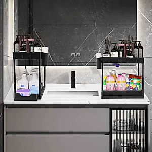 2 Pack Under Sink Organizers and Storage, 2 Tier Sliding Under Storage Drawer Organizer with Hooks and Hanging Cup,for Bathroom Kitchen Sink Organizer,Black