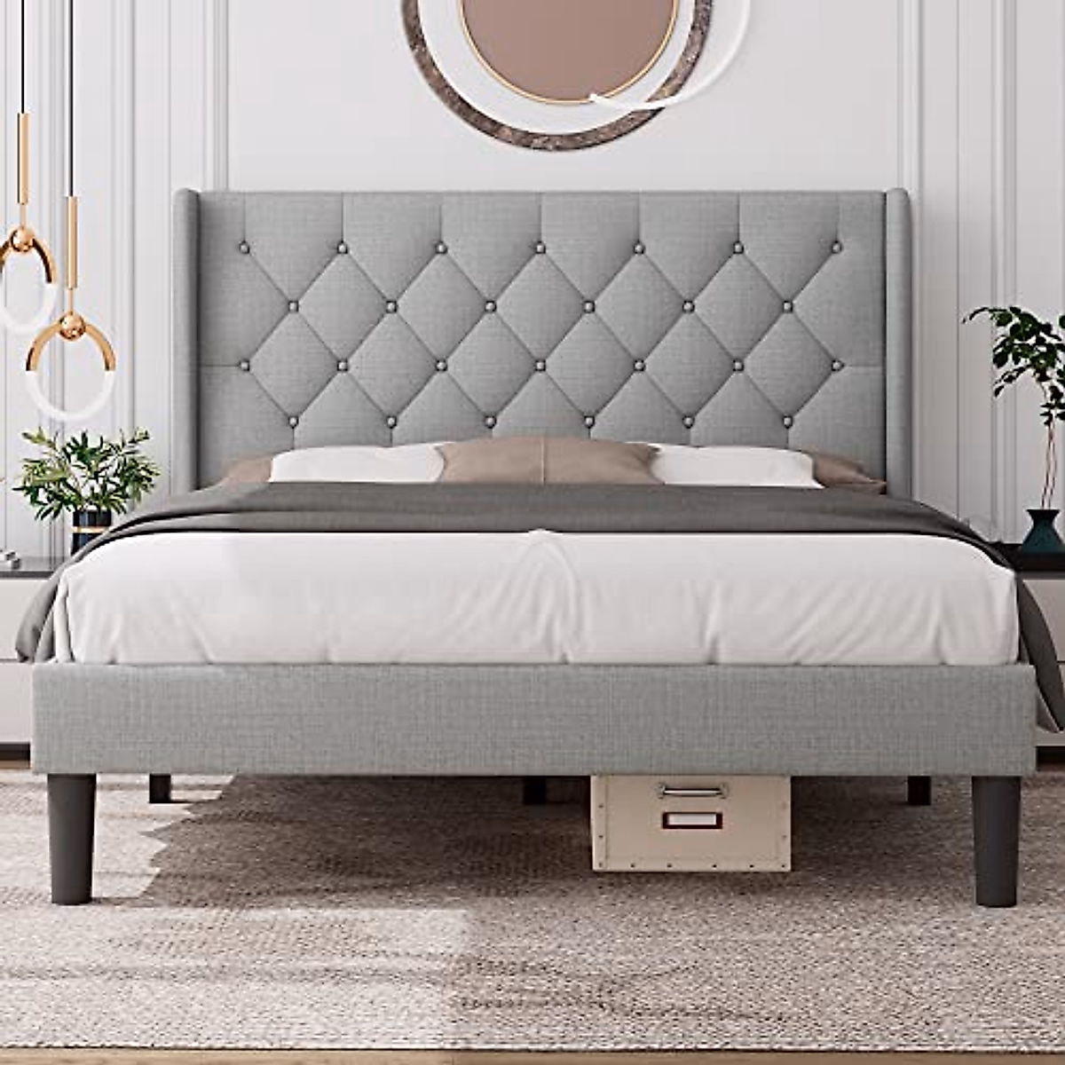 Feonase Upholstered Queen Bed Frame with Wingback, Platform Bed with Diamond Tufted Headboard, Heavy Duty Bed Frame, Wood Slat, Easy Assembly, Noise-Free, No Box Spring Needed, Light Gray