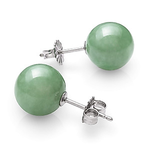 Sterling Silver Natural Green Jade Round Stud Earrings (10mm)