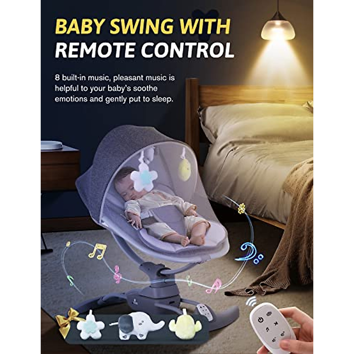 Baby Swings for Infants, Electric Portable Baby Swing by Remote Control 3 Swing Speeds and Music Speaker, Adjustable Recline Baby Bouncer with Harness Belt Suitable for 5-20 lbs Newborn Toddler