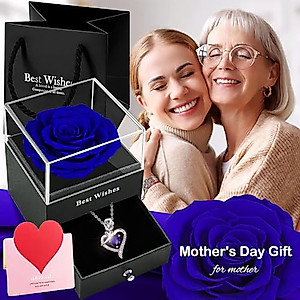 Blue Rose Box with Crystal Necklace - Real Eternal Rose with 925 Sterling Silver Heart Necklace,Enchanted Flower with Blue Birthstone Pendant Gift for women on Valentine's Day Anniversary Wedding.