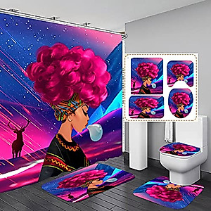 African American Woman Shower Curtains for Bathroom, 4PCS Bathroom Sets Include 1 Fabric Shower Curtain, 2 Non-Slip Bathroom Rugs and 1 Toilet Lid Cover, Black Girl Bathroom Decor (Red)