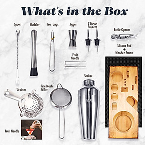 Bartender Kit, Cocktail Shaker Set for Drink Mixing,Bar Set with Silicone Pad,Bar Tools with Stand,Martini Shaker, Jigger, Strainer, Bar Mixer Spoon, Tongs, Opener