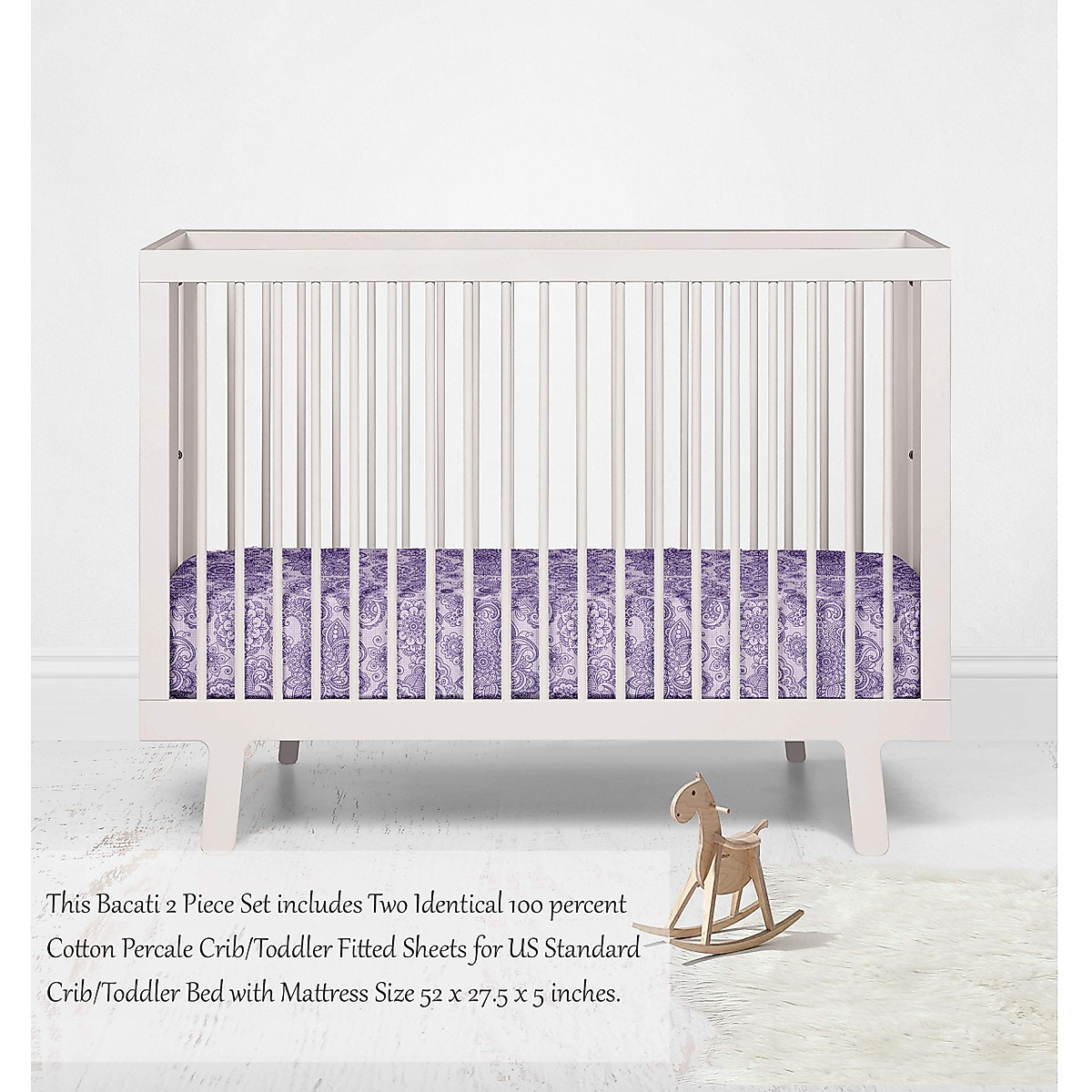 Bacati - 2 Pack Paisley Floral 100 Percent Cotton Percale Universal Baby US Standard Crib/Toddler Bed Fitted Sheets (Lilac Purple Scroll)