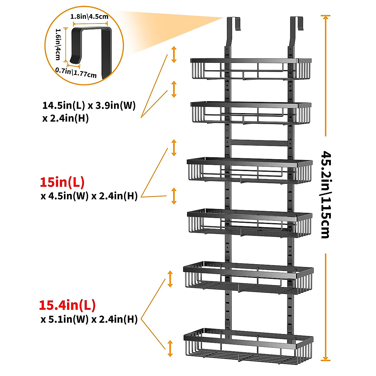 Moforoco 6 Tier Over the Door Food Storage Cabinet Organizer Black Hanging Kitchen Basket Organizer Wall Mounted Spice Rack Rear Cabinet Door Spice Rack Bathroom Home Bedroom Organizer (Black, 6-Tier)
