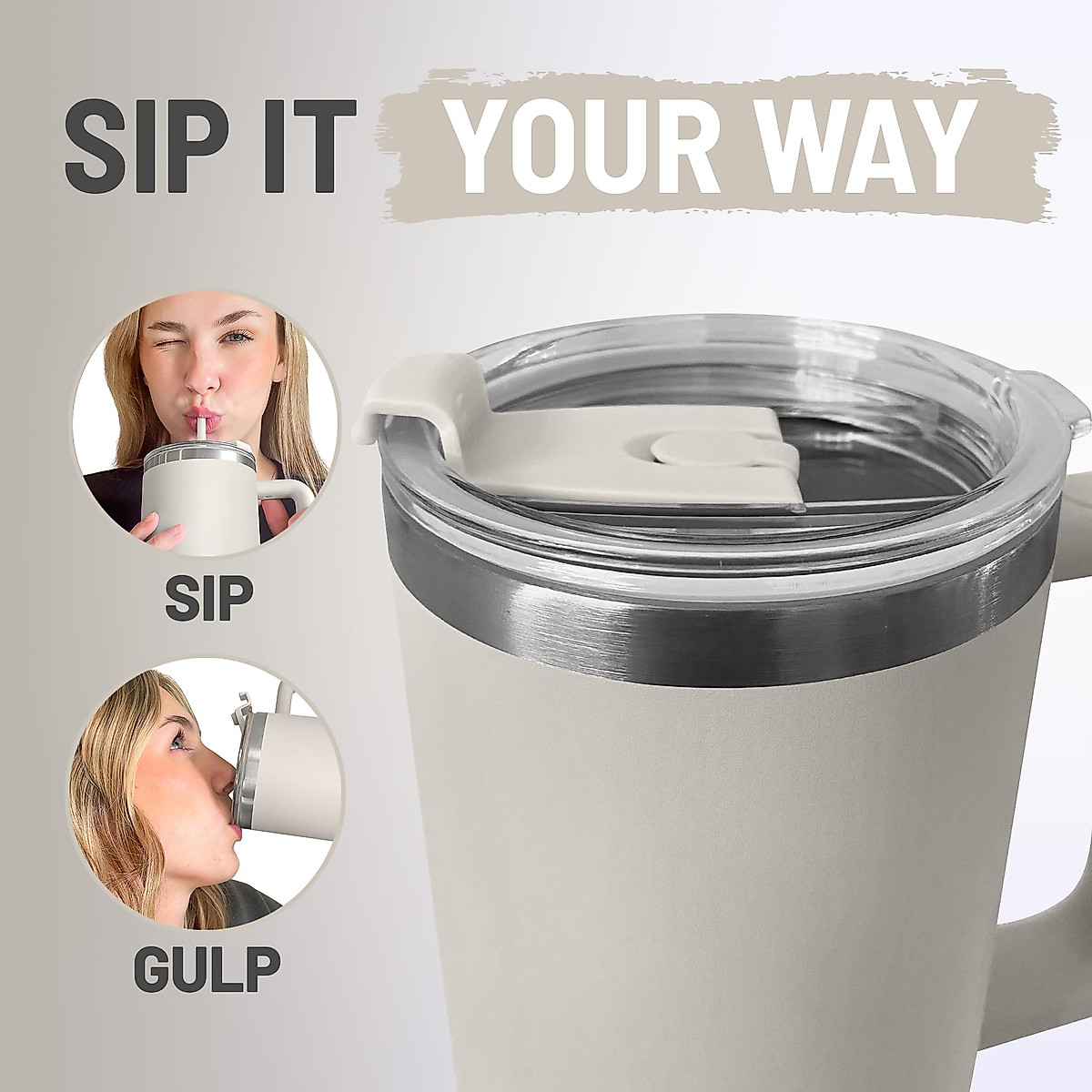 Crave Cups 40oz Tumbler with Lid and Straw l Reusable Spill Proof Double Wall Insulated Stainless Steel Water Bottle Travel Mug l Cupholder Friendly Vacuum Sealed Tumbler with Handle (Birch)