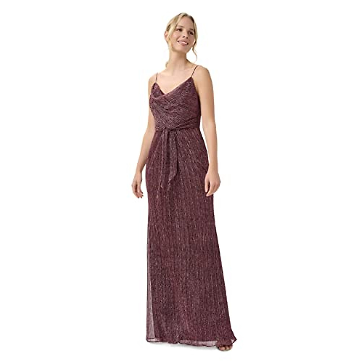 Adrianna Papell Women's Metallic Crinkle Gown, Burgundy, 4