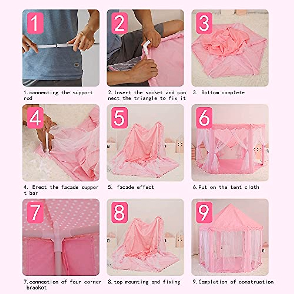 Gappys Princess Castle Tent with Star Light for Kids Children Girls Boys Baby 3/4/5/6/7/8/9 Year Old- Large Playhouse Funny Play Fairy Tent - Indoor and Outdoor Games (Pink), 55x53 inch