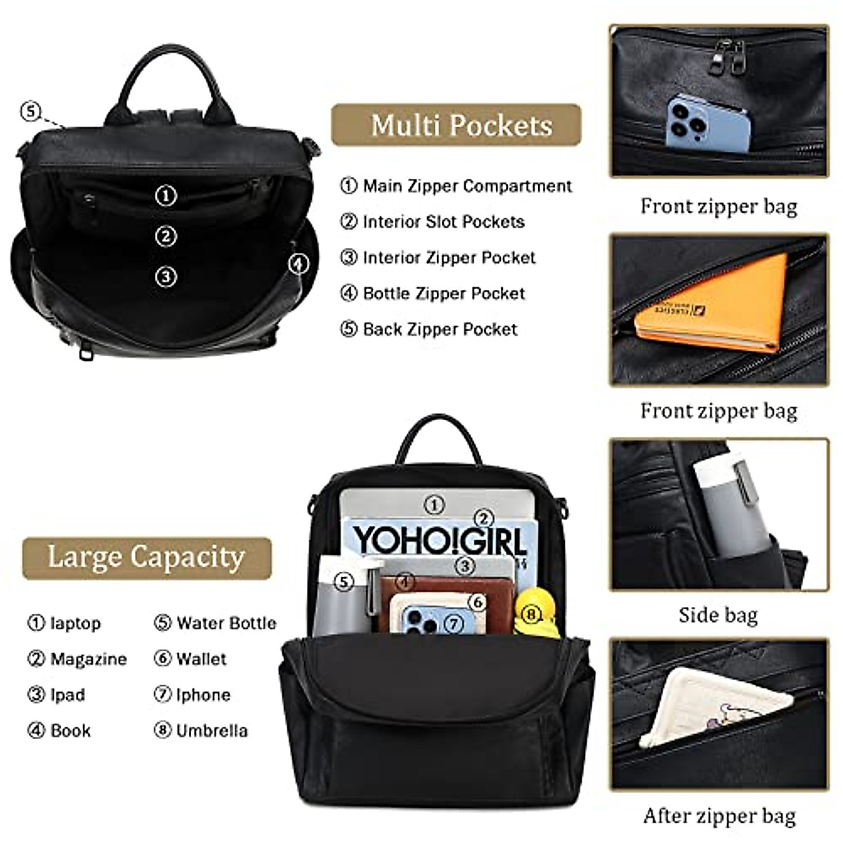 AGLOD black Leather Backpack Purse for Women Designer Ladies Shoulder Bag Fashion Faux Work Travel Handbags