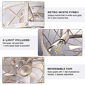 PAZALA Retro White Ceiling Fans with Lights, 20 inch Caged Ceiling Fan Light Fixture with Remote Control, Flush Mount Ceiling Fan with Light for Bedroom, Living Room, Kitchen