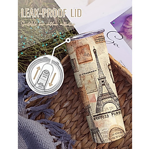 Onebttl Paris Gifts for Women, Insulated Stainless Steel Wine Tumbler with Lid and Straw, Vintage Cup, 20 oz