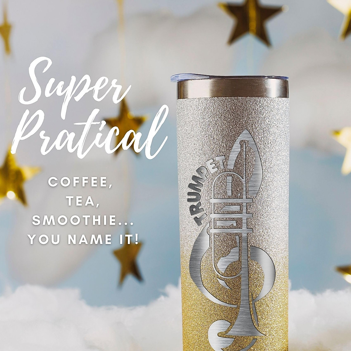 Onebttl Trumpet Gifts for Women, Grils, Trumpet Travel Mug for Music Lover, Trumpet Lovers, Glittering 20oz Stainless Steel Tumbler