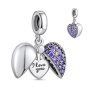NINGAN “I Love You” Light Purple Love Heart Dange Charm 925 Sterling Silver Pendant Beads fit Bracelets & Necklaces, Birthday Gift for Women