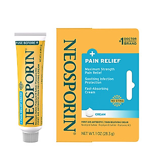 Neosporin + Maximum-Strength Pain Relief Dual Action Cream, First Aid Topical Antibiotic & Analgesic Cream for Wound Care of Minor Cuts, Scrapes & Burns, Polymyxin B & Pramoxine HCl, 1 oz