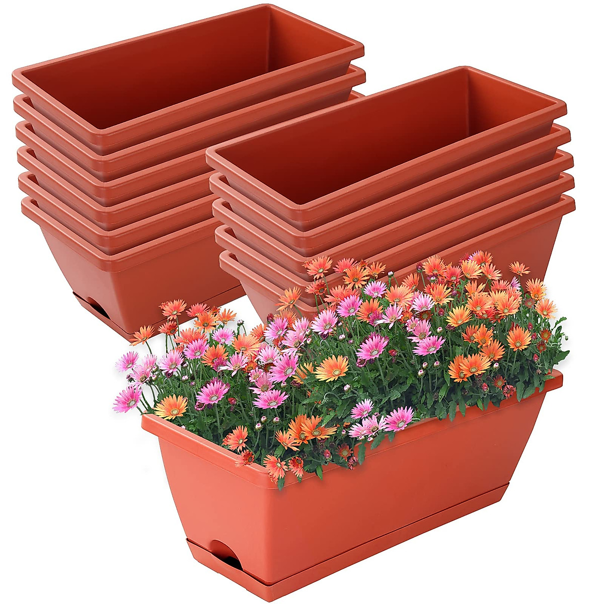 CHUKEMAOYI Window Box Planter, 12 Pack Plastic Vegetable Flower Planters Boxes 17 Inches Rectangular Flower Pots with Saucers for Indoor Outdoor Garden, Patio, Home Decor (Brick red)