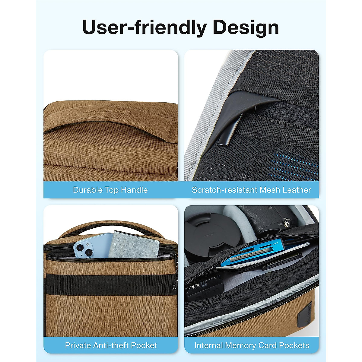 BAGSMART Camera Bag, Small Camera Case with Tripod Holder, Compact Camera Shoulder Bags for DSLR/SLR/Mirrorless Cameras, Waterproof Crossbody Camera Bag Women Men, Khaki