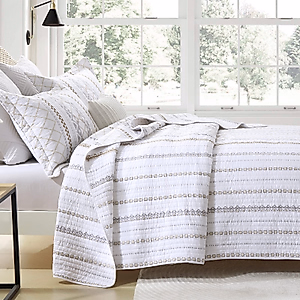 PERHOM 100% Cotton Quilt Queen Size - 3 Pieces Boho Striped Lightweight Soft Breathable Beige Gray White Bedding Set with 2 Shams, Bohemian Pattern Printed Bedspread/Coverlet/Comforter for All Season