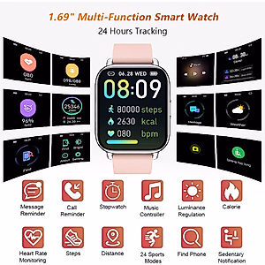 MuGo Smart Watch for Women, Fitness Watch 1.69" Touch Screen Smartwatch, Pedometer Watch with Heart Rate and Sleep Monitor, IP67 Waterproof Fit Watch, Activity Tracker Watch for iOS and Android Pink