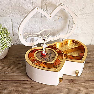 Ballerina Music Box Musical Jewelry Box, Double Heart Ballerina Musical Jewelry Box Storage Case Music Gift Box with Removable Magnetic Ballerina Dancer Birthday Bedroom Decor (white)