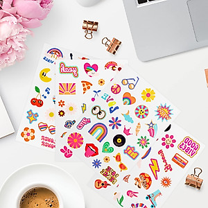 VERSRH 8pcs Groovy 70’s Temporary Tattoos, 91 Design Cute Fake Tattoos for Kids Party Favor, Cartoon Waterproof Body Sticker Decoration, 70’s Retro Hippie Theme Tattoo for Boys Girls Birthday Party