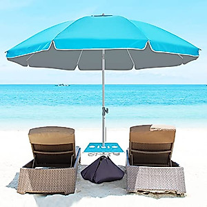 wikiwiki 7FT Beach Umbrella with Table & Sand Bags, Portable SPF60+ Protection Sunshade Umbrella with Sand Anchor, Sand Bags, Cup Holder, Carry Bag for Outdoor Patio Sand Beach (Ocrean Blue)