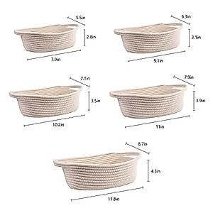 STELLABERRY Woven Baskets for Storage Rectangle Set with Handles 5 Piece Storage Basket Organizer Natural Cotton Rope Woven Baskets for Pet Supplies Children's Toys Home Decoration (White)