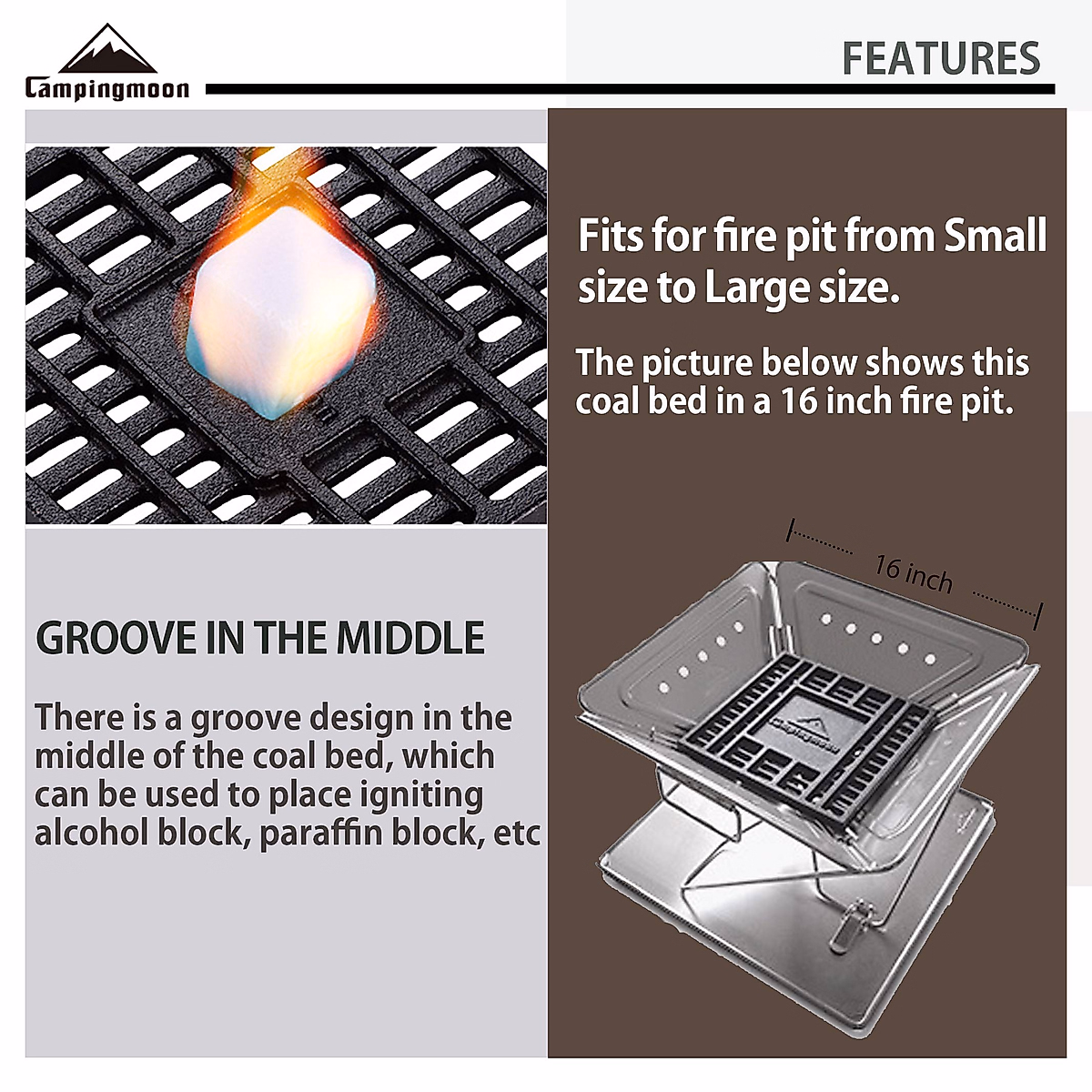 CAMPINGMOON Cast Iron Coal Bed Charcoal Fire Grate 8.27x8.27-inch T-210