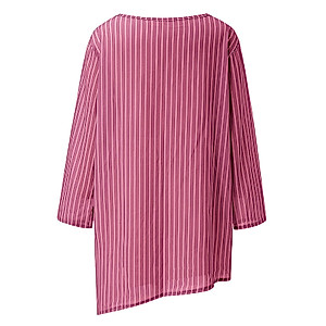 wodceeke Women's Three-quarter Sleeve T-shirt Round Neck Striped Shirt Tee Casual Loose Irregular Hem Tops (Pink, XXXL)