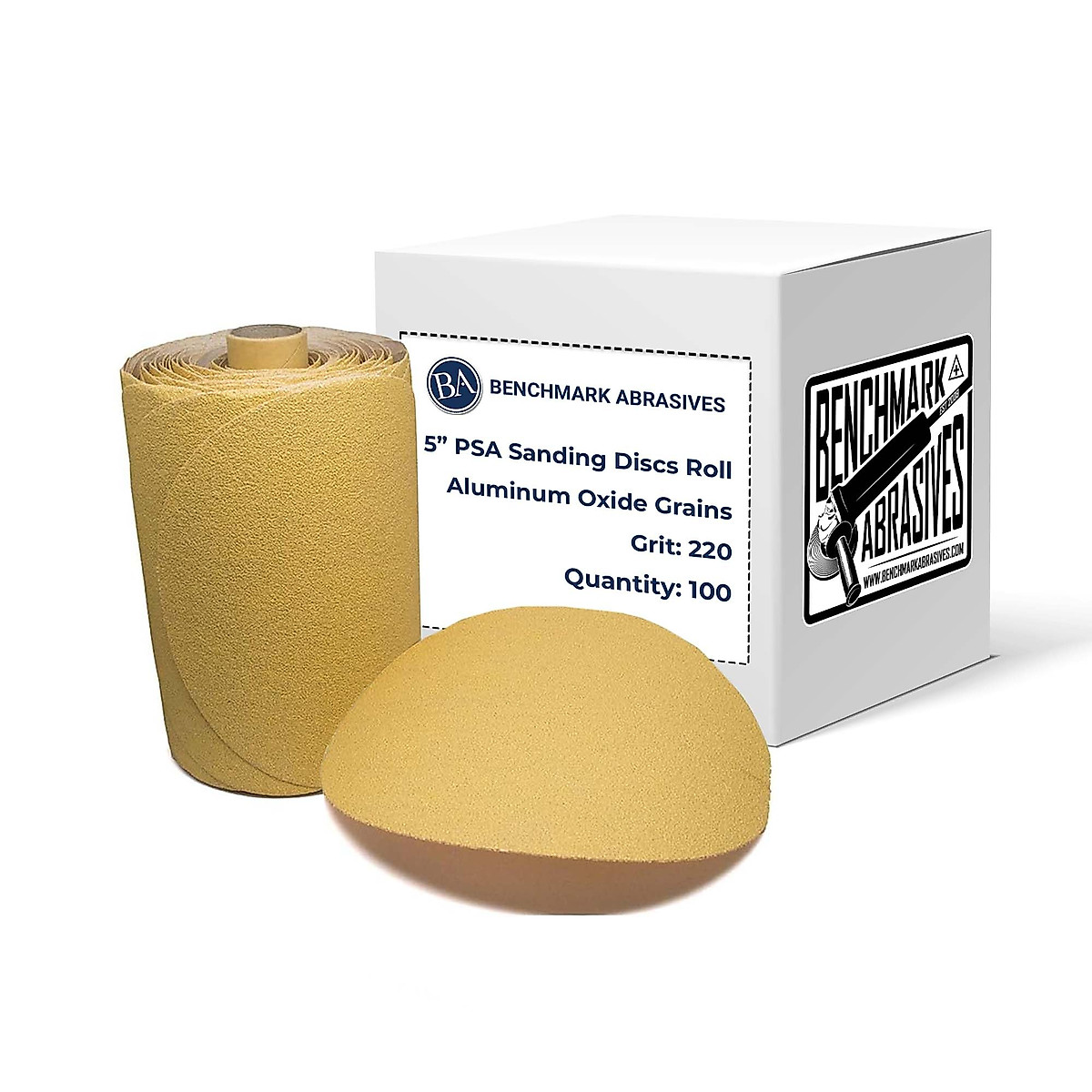 Benchmark Abrasives PSA Gold 5 Inch Self Adhesive Sanding Discs w/Aluminum Oxide Grains DA Sandpaper - 5 Inch Sanding Discs Roll - Surface Blending, Automotive, Orbital Sanders (100 Discs), 220 Grit