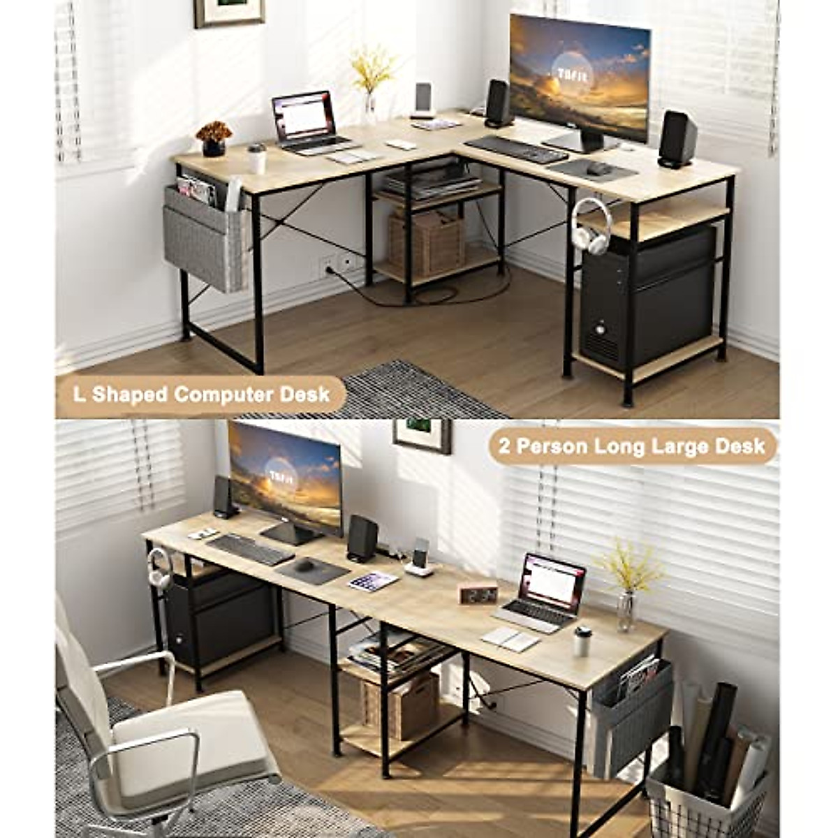 Tbfit L Shaped Desk with Storage Shelves,95.2 Inch Reversible Coner, Office Desk for Small Space,Large Computer Gaming Desk Workstation with Power Outlet,2 Person Long Writing Study Table(Oak)