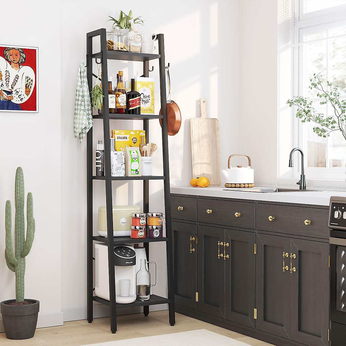 YMYNY 5 Tiers Ladder Bookcase, Industrial Narrow Bookshelf, Open Display Rack with 4 S Hooks, Metal Storage Shelves for Bedroom, Home Office, Living Room, Black, 63H*13.4L*11.8W, UHBC025B