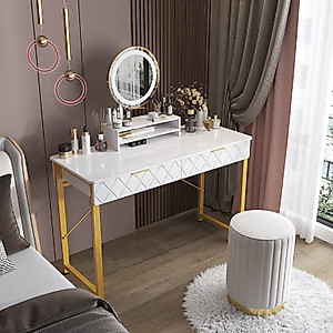 WESTREE Modern Makeup Vanity Desk with Glossy Desktop,Bedroom Home Office Writing Desk with Drawers, Storage Shelf, Gold Metal Frame for Dressing Table Without Mirror