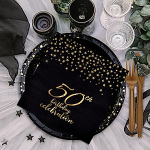 Gatherfun 50th Birthday Party Supplies Disposable Paper Plates Napkins Cups Knives Spoons Forks Tablecloth Banner Number 50 Balloons for Men Woman Black and Gold 50 Birthday Party Decorations Serve 25