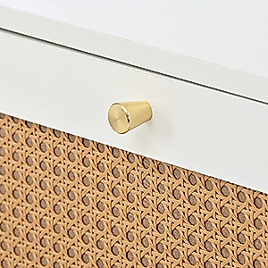 Polibi Boho Style Shoe Cabinet with 4 Rattan Flip Drawers and 3 Metal Side Hooks, Free Standing Wooden Shoe Rack Storage Shoes Organizer for Entryway/Living Room/Bedroom, White