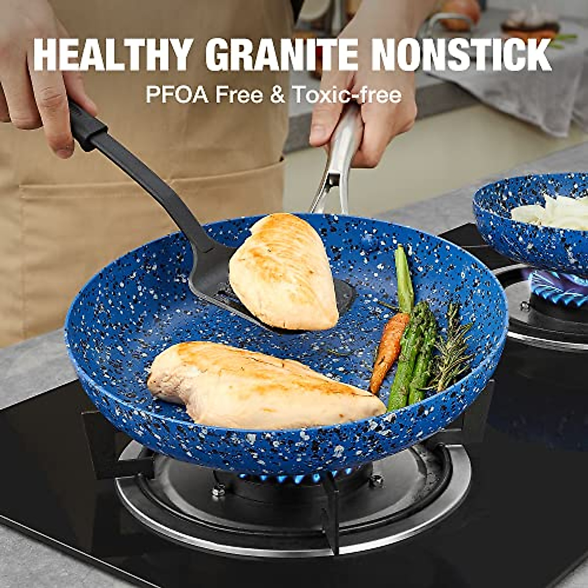 HLAFRG Nonstick Cookware Set Pots Pans and Cooking Utensils, 12 Piece Set, PFOA Free, Blue Granite