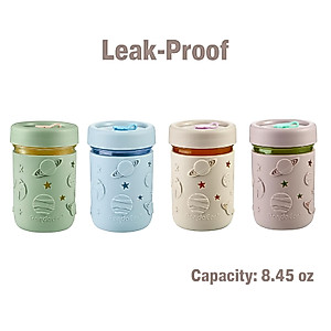 PandaEar 4 Pack Kids & Toddler Glass Cups, Glass Mason Jar Cups 8.45 oz with Silicone Sleeves & Straws, Toddler Spill-Proof Smoothie Cups