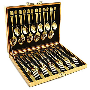 Gold Silverware Set, OGORI 24-Piece Gold Forged Stainless Steel Flatware Set, Service of 6