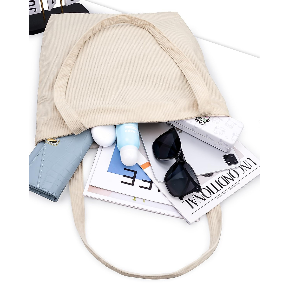 Iioscre Corduroy Tote Bag for Women,Hobo HandBags with Zipper,Large Capacity Casual Shoulder Handbags with Inner Pockets