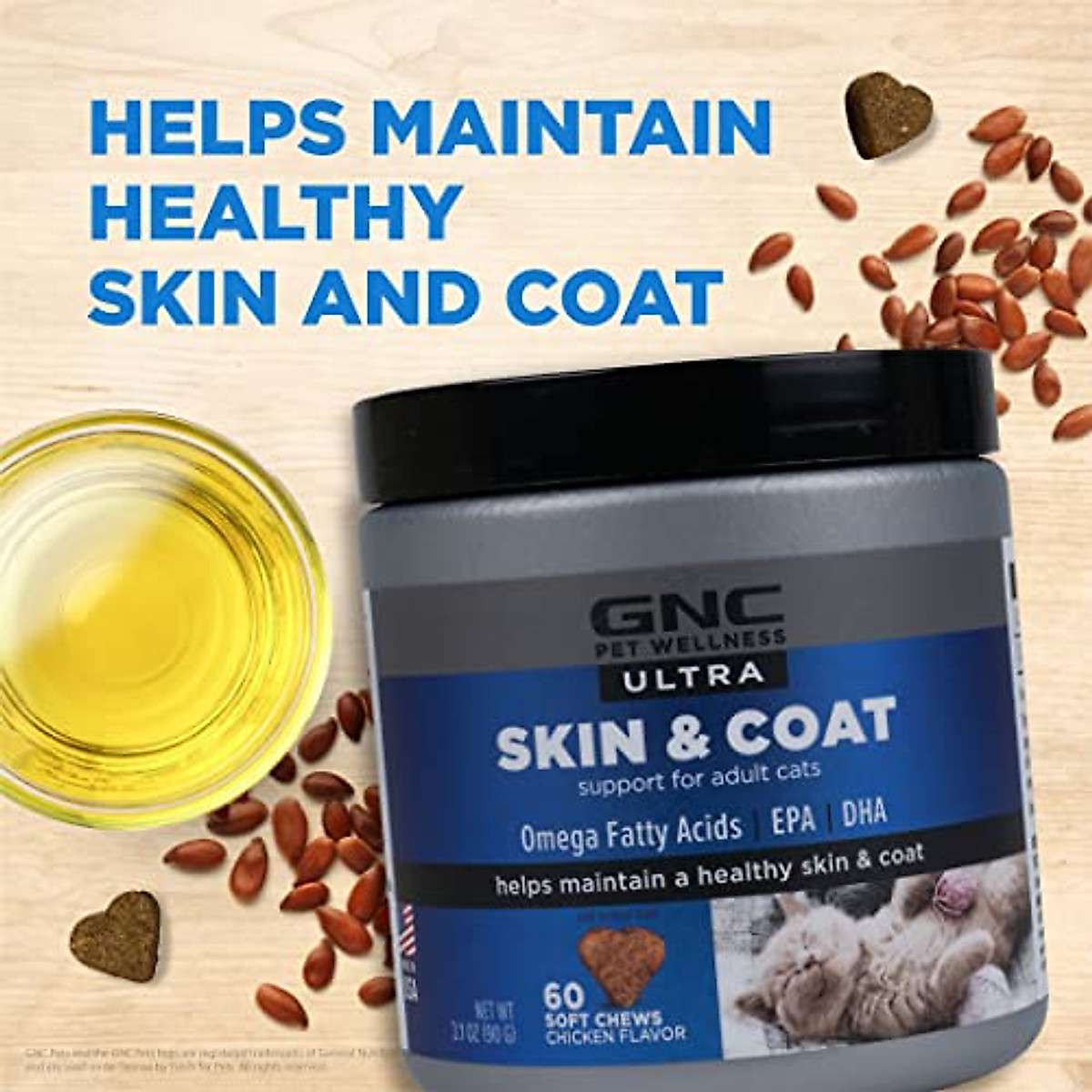 GNC Pets Ultra Skin & Coat Soft Chews, Cats, Chicken Flavor. 60-ct in an 8-oz Canister | Skin and Coat Supplements for Cats in Chewable Chicken Flavor