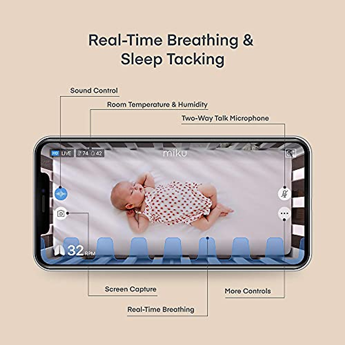 Miku Pro Contact-Free Breathing & Sleep Tracking Monitor - Real-Time Smart Baby Monitor & Wall Mount - HD Video Baby Monitor with Camera & Audio, Night Vision, Humidity & Temperature - Two-Way Talk
