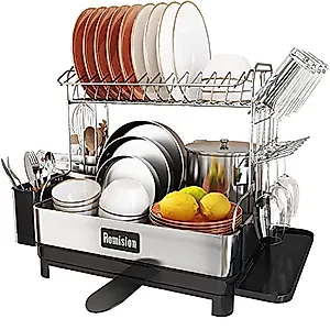 romision Dish Rack and Drainboard Set, 304 Stainless Steel 2 Tier Large Dish Drying Rack with Swivel Spout, Dish Strainer for Kitchen Counter with Utensil Holder, Cup Rack, Water Tray