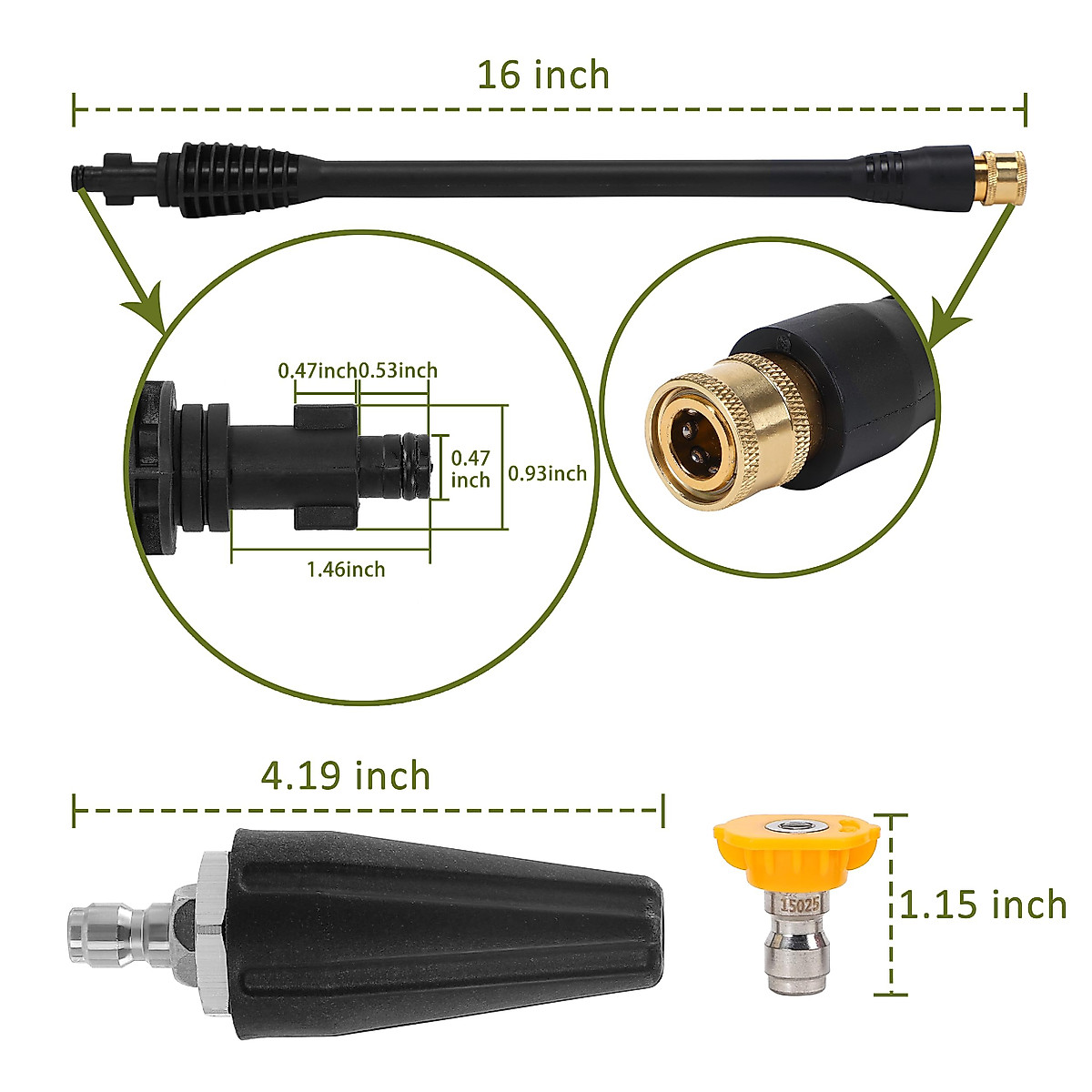 PWACCS Pressure Washer Accessories Kit – 16 Inch Power Washer Replacement Wand with 5 Spray Tips and Turbo Nozzle – Compatible with Ryobi, Portland, Husky Black