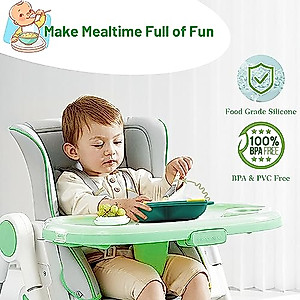 Silicone Suction Plate with 2 Adjustable Straps, Non-slip Divided Kids Plate Set for Baby Toddlers, Dishwasher Safe (Owl, Green)