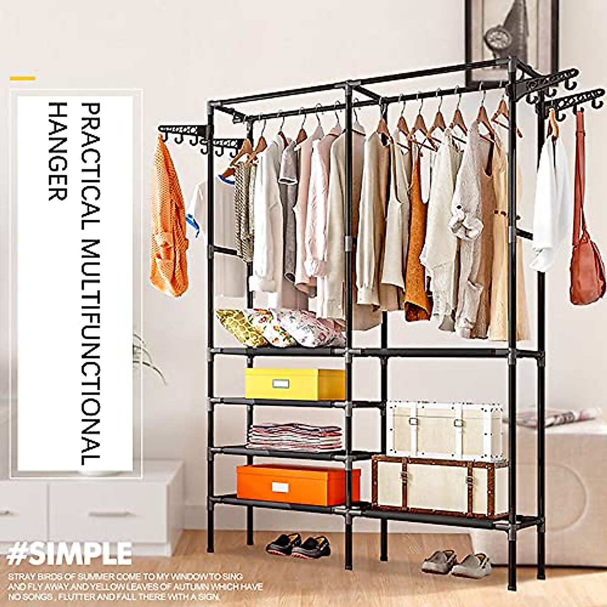ZZBIQS 5 Tiers Metal Garment Clothing Rack Hanging Clothes Organizers with Shelves and 4 Side Hook , Compact Armoire Storage Rack, 33.8" L x 17.3" W x 68.5" H, Max Load 115 LBS, Black