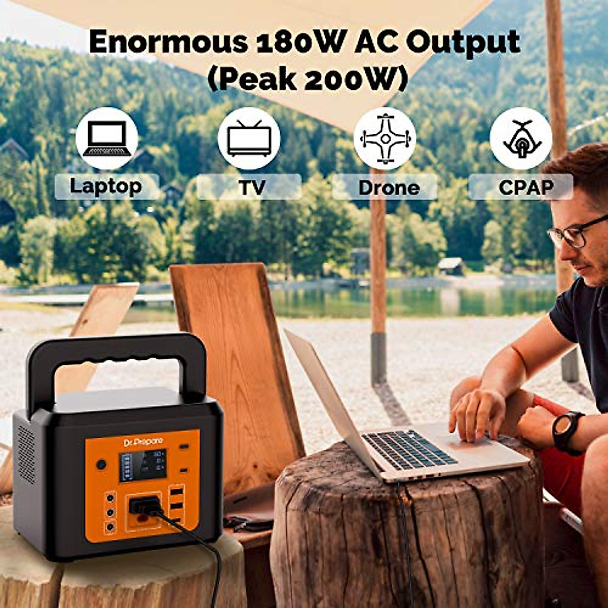 200W Peak Portable Power Station, Dr. Prepare 178Wh 48000mAh Solar Generator Outdoor Battery Backup Supply, CPAP Lithium Battery for Home, Camping with 180W AC Outlet, 2 DC Ports for Emergency House