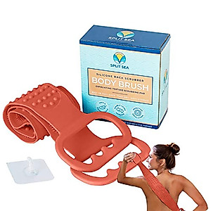 Back Scrubber for Shower, Silicone Bath Body Brush Cleanses, Exfoliates & Massages Dual-Sided Easy to Clean High Quality Premium Invigorate Skin, Improve Acne & Bathe SplitSea (27.5 Inch, Sunset Red)