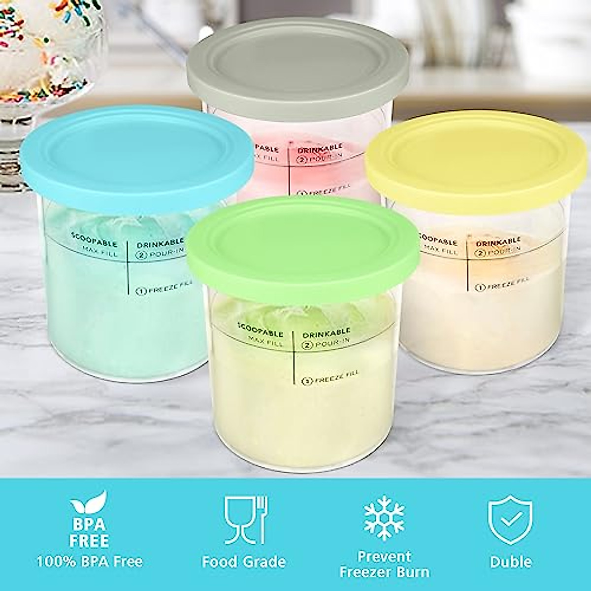 FENKOA Ice Creami Replacement Containers 4 Pack with 6 Colors Lids,Compatible with Ninja NC501 NC500 Series Deluxe Creami Maker, 24 oz Creami Pint Containers, Deluxe Ice Cream Pints and Lids (Yellow, Green,Blue Grey Orange Purple)