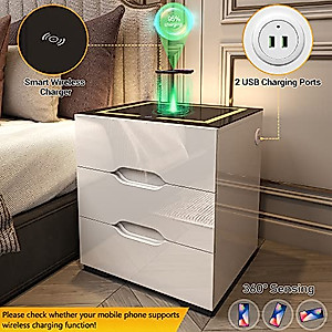 kepptory White Nightstand with Wireless Charging Station & Adjustable LED Lights, High Gloss End Table with 3 Drawers & USB Charging, Bedside Table Organizer for Bedroom Use