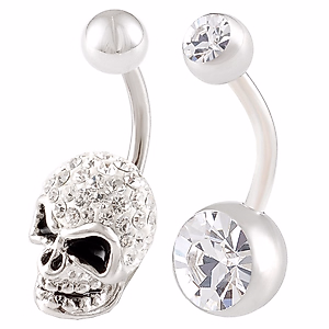 bodyjewellery 2 pcs 14g 3/8 Inch 10mm Skull Crystal Belly Button Bar Ring Implant Grade Surgical Steel Navel Barbell Piercing (Clear)
