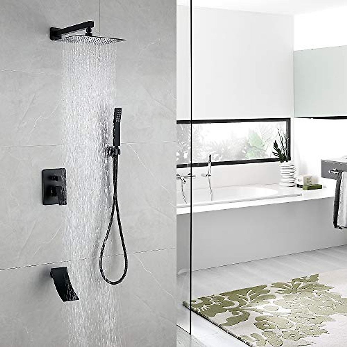 Bathtub Shower System Matte Black Shower Fixtures 10 inch Rain Shower Head and Handle head set with Tub Shower Faucet sets complete
